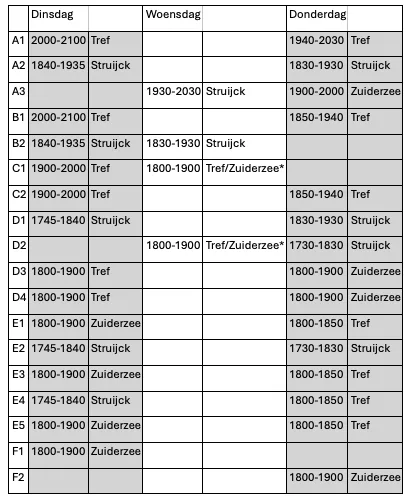 JTC Zaal 2024/2025 trainingsschema – KVZ'23